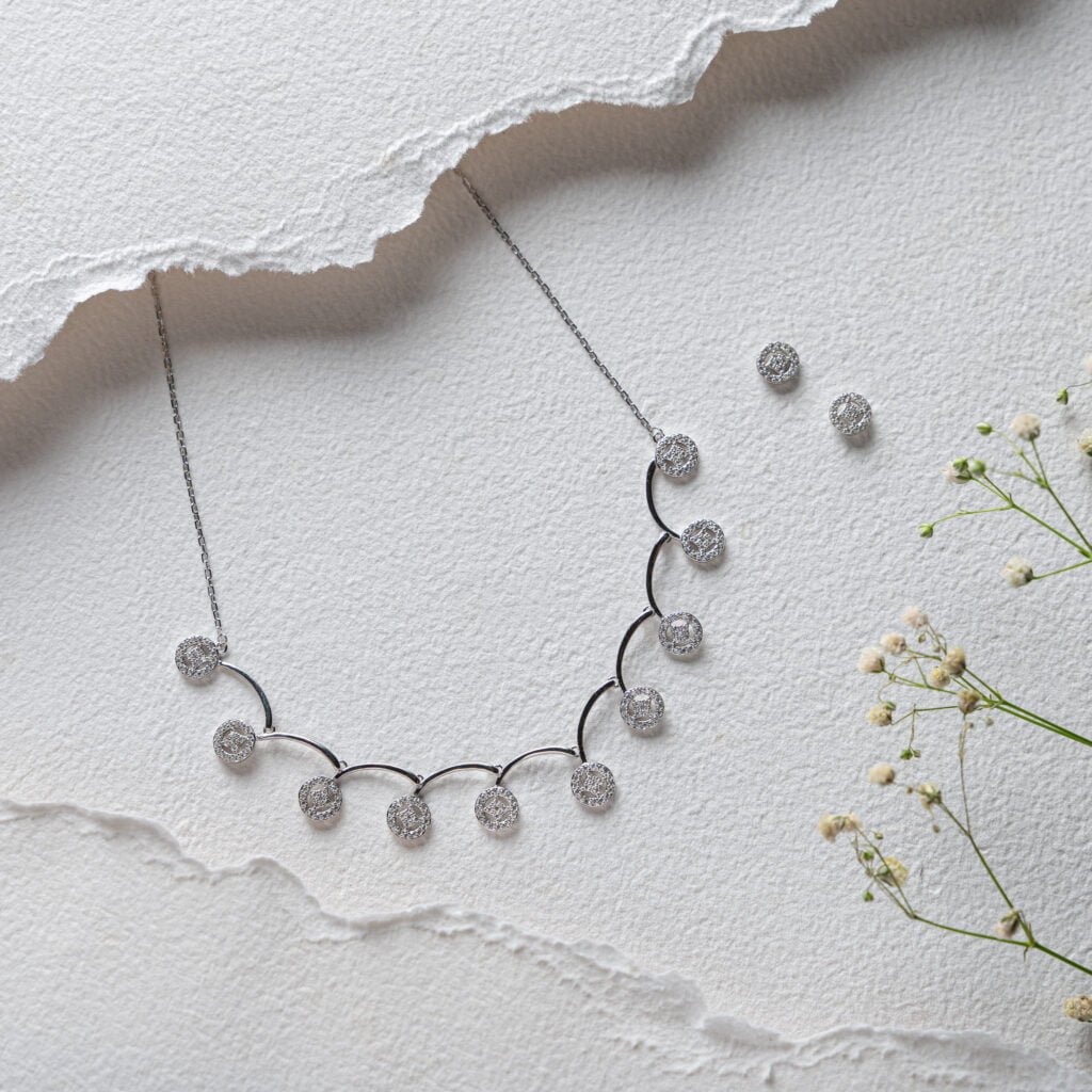 Pure Silver Halo Designer Necklace Set - Sp Silver Jewellery