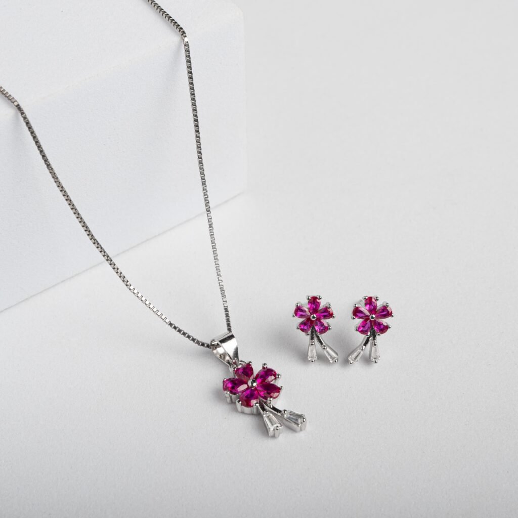 Pure Silver Ruby Bow Set - Sp Silver Jewellery