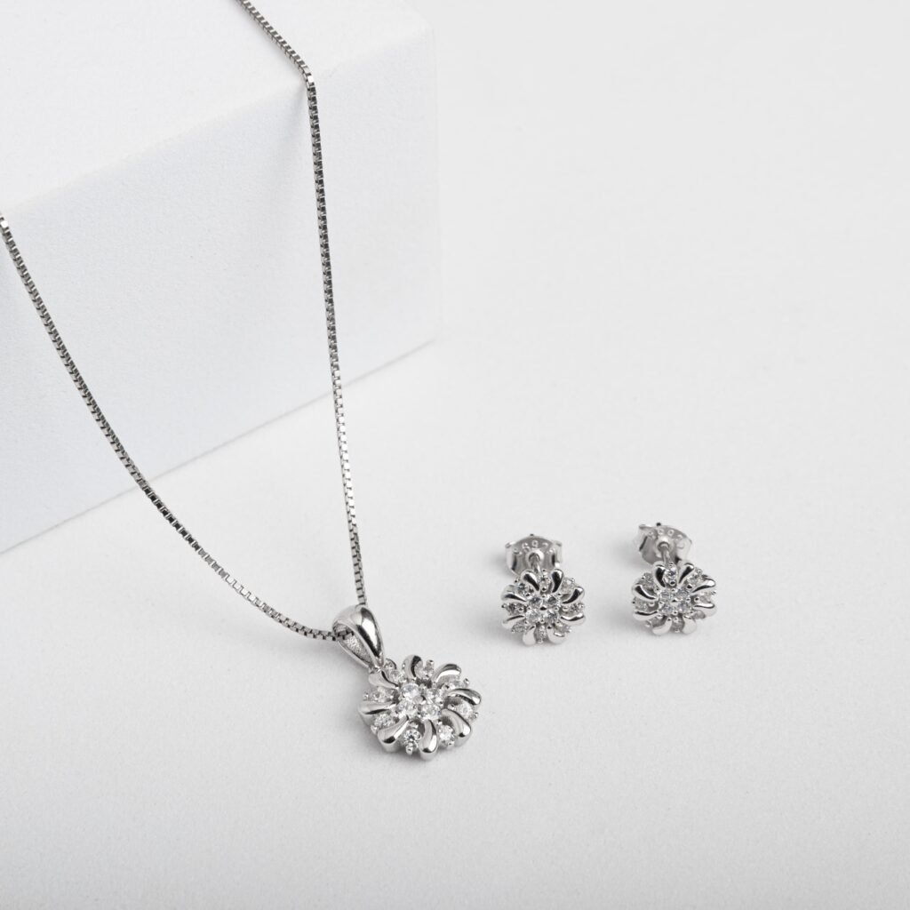 Pure Silver Sun Flower Diamond Design Set - Sp Silver Jewellery
